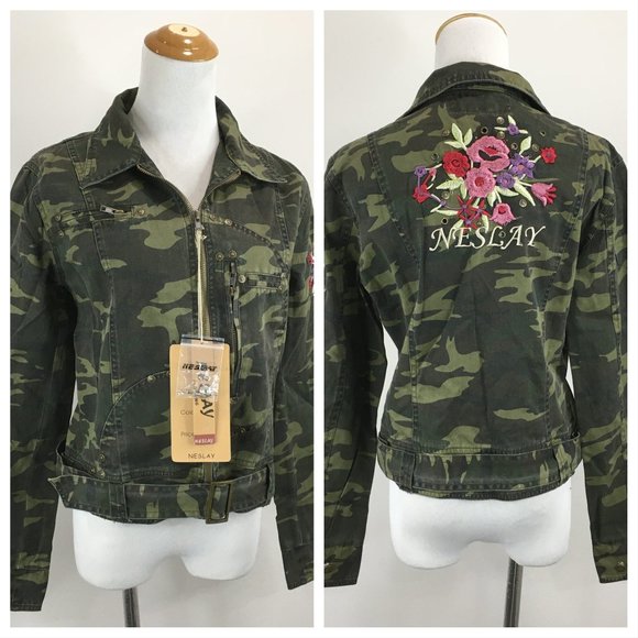 Neslay | Jackets & Coats | Nwt Neslay Camo Print Floral Embroidery Belt ...